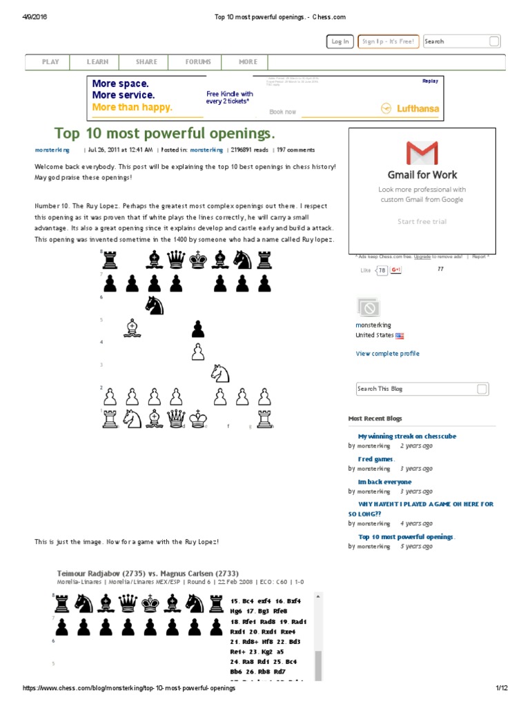 Top 10 Most Powerful Openings in Chess | PDF | Chess Openings | Game Theory