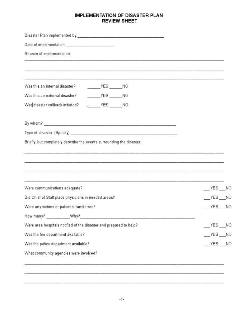 Disaster Plan Implementation Review Sheet | PDF | Emergency Management ...