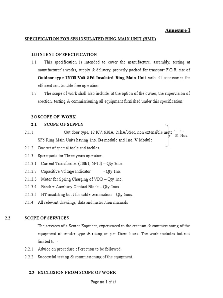 RMU Technical Specification | PDF | Switch | Cable
