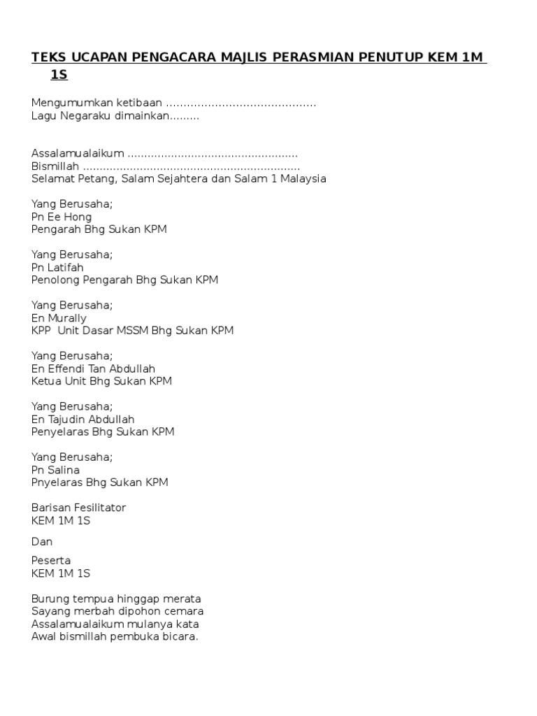 Teks Ucapan MC Majlis Perasmian Penutup Kem 1m 1s | PDF