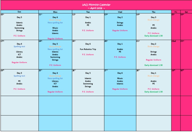 April 2016 School Calendar | PDF | Foreign Language Studies | Art