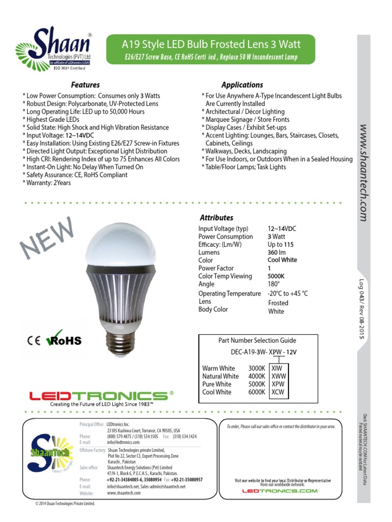A19 Style LED Bulb Frosted Lens 3 Watt: Features Applications | PDF ...