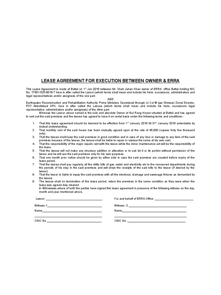 Lease Agreement For Execution Between Owner & Erra | PDF | Lease | Urban