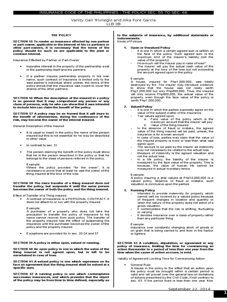 Insurance Code of The Philippines: The Policy Sec. 55 To Sec. 66 ...