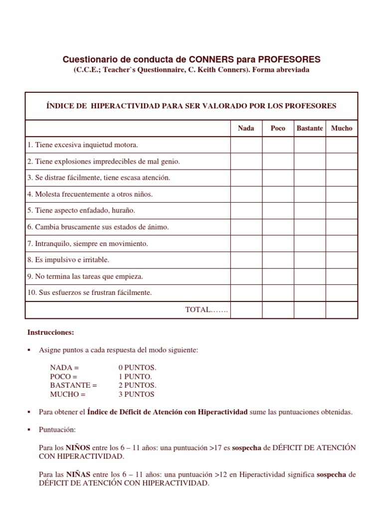 Test de Conners | Trastorno por Déficit de Atención e Hiperactividad ...