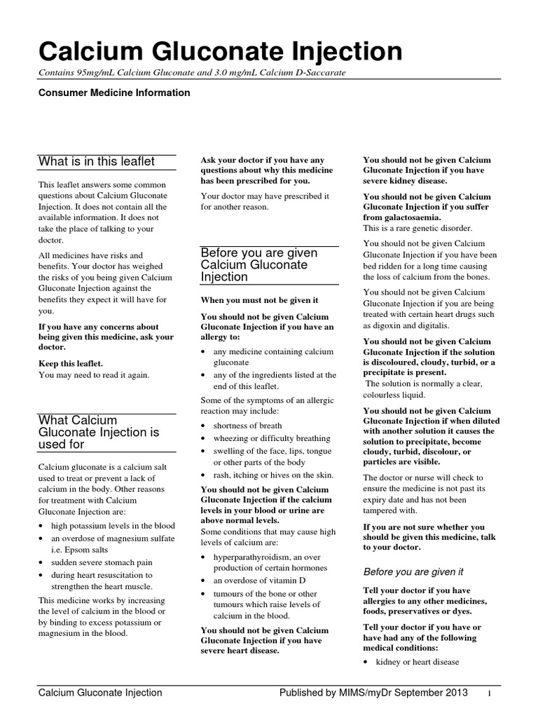 Calcium Gluconate Injection: What Is in This Leaflet | PDF | Clinical ...