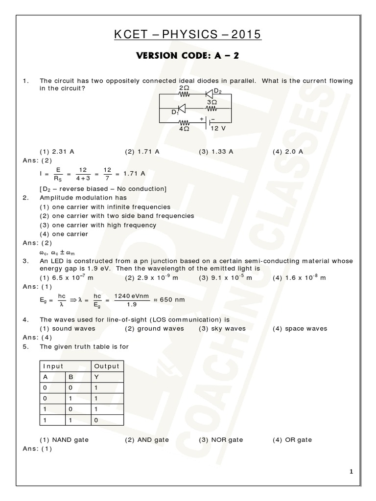 Kcet Physics 2015 | PDF | Electronvolt | Electron