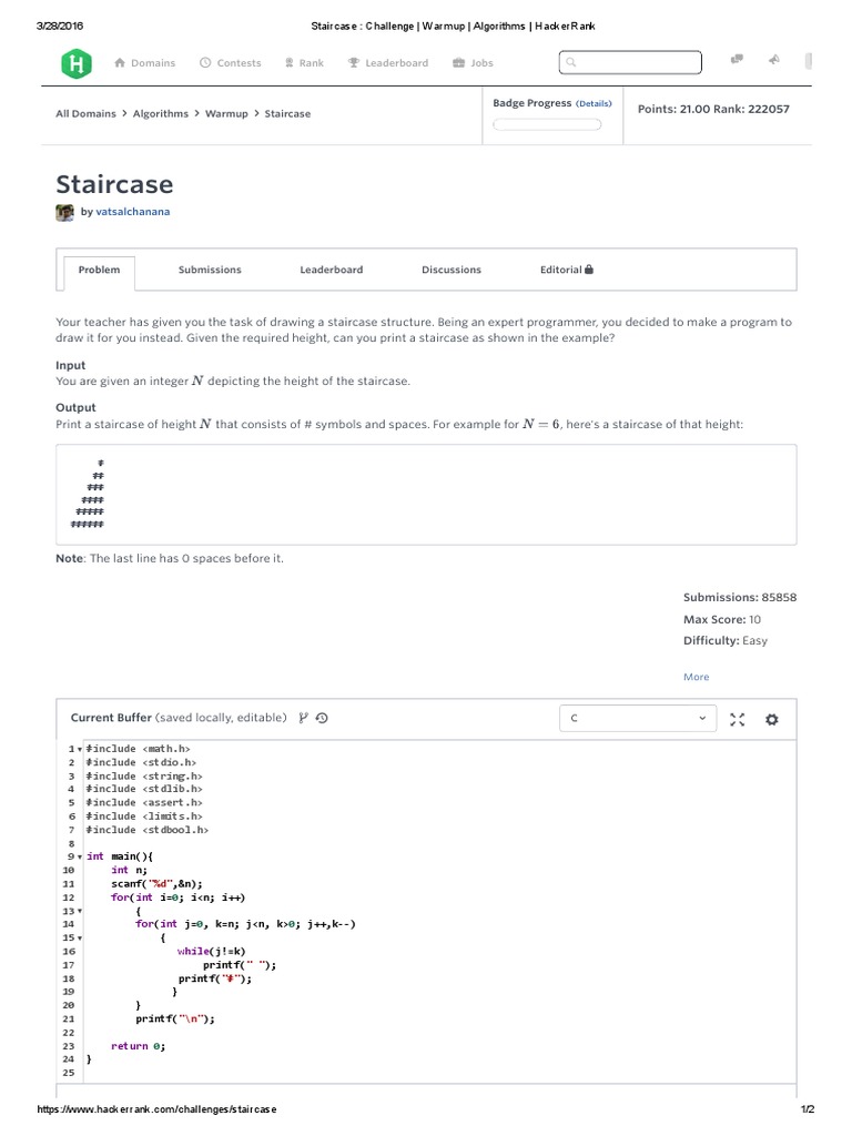 Staircase - Challenge - Warmup - Algorithms - HackerRank | PDF ...