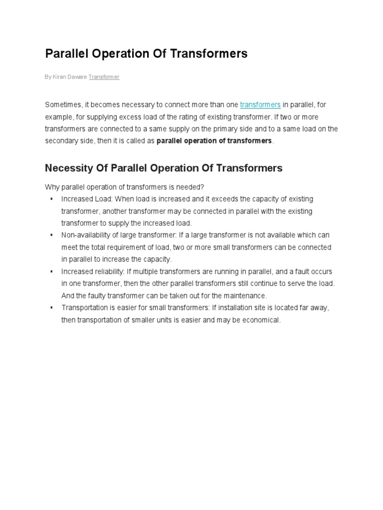 Conditions for Parallel Transformer Operation | PDF | Transformer ...
