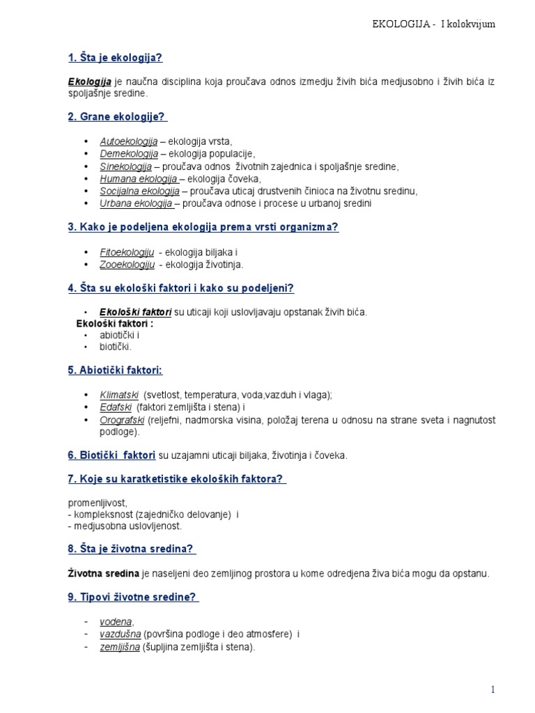 Ekologija - Pitanja I Kol. | PDF