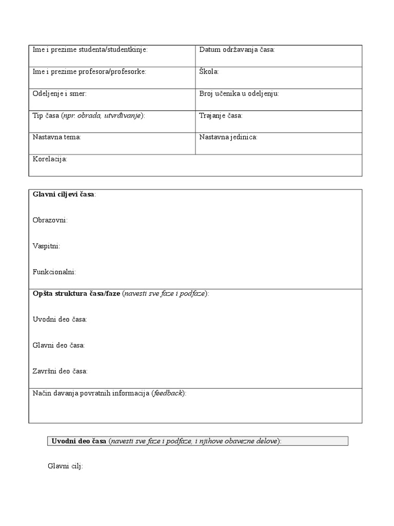 Obrazac Za Pripremu Časa | PDF