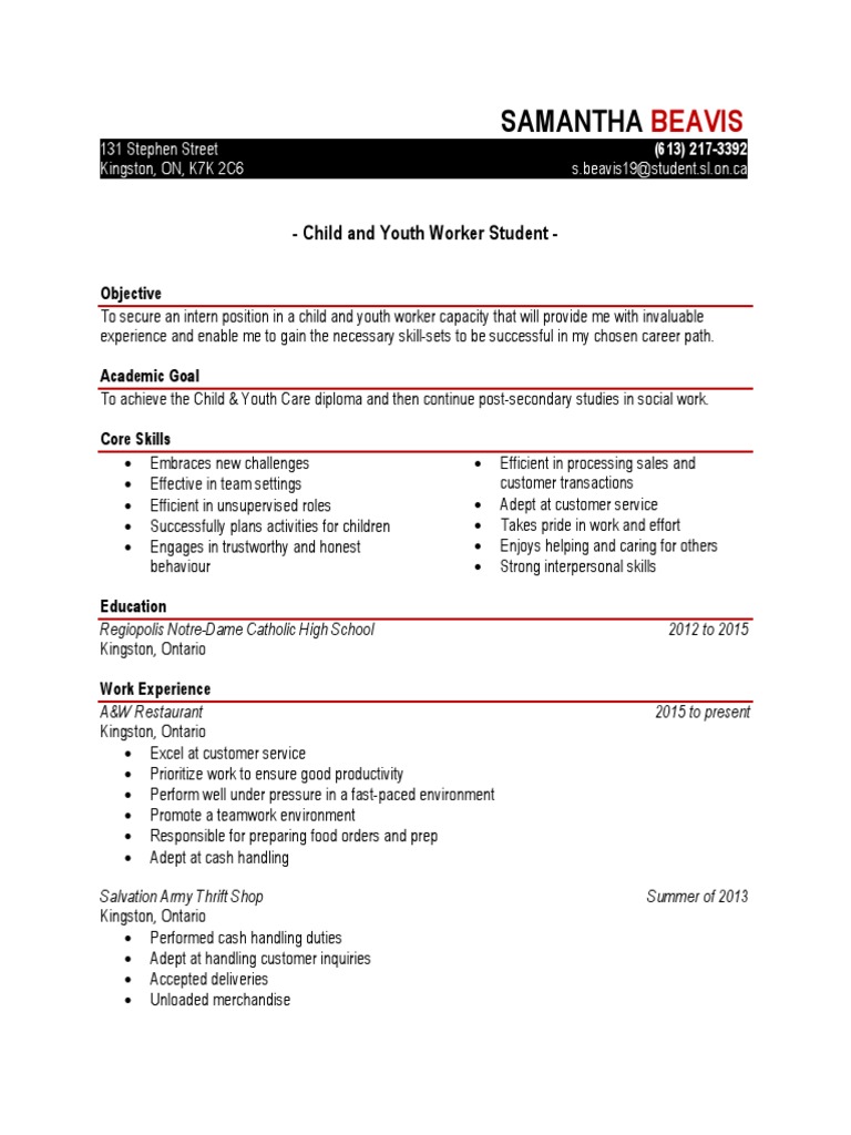 Child and Youth Worker Internship Resume | PDF