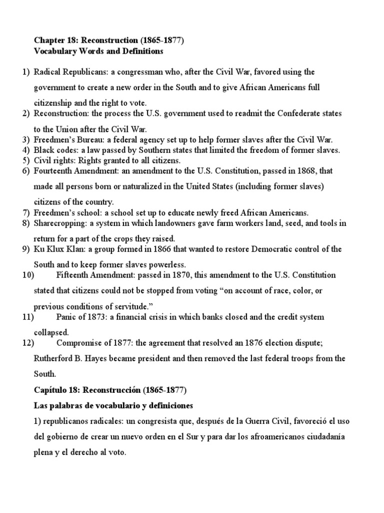Reconstruction Vocabulary (1865-1877) | PDF | Slavery | Constitutional Law