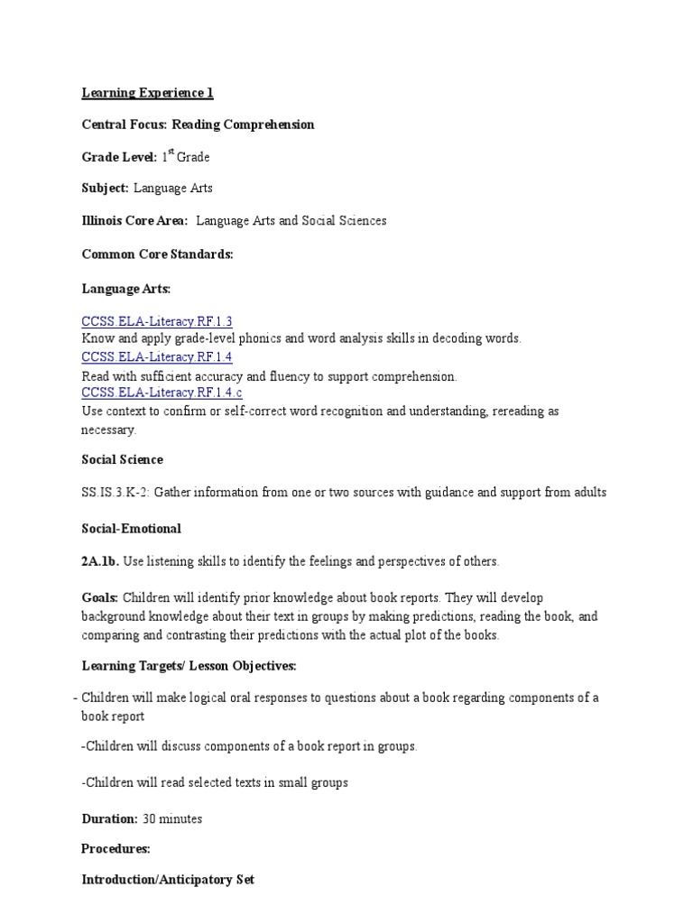 1st Grade Book Report Learning Plan | PDF | Phonics | Reading Comprehension