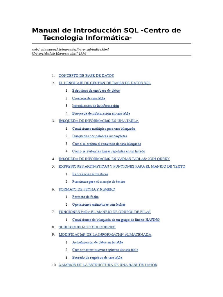 Manual de Introducción SQL | PDF | SQL | Tabla (base de datos)
