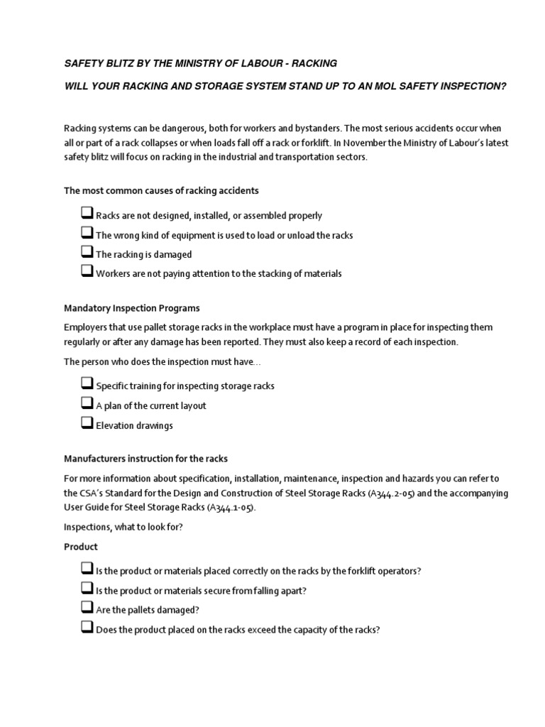 Safety Blitz by The Ministry of Labour Racking | Download Free PDF ...