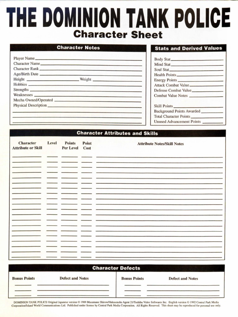 Dominion Tank Police RPG Character Sheet | PDF