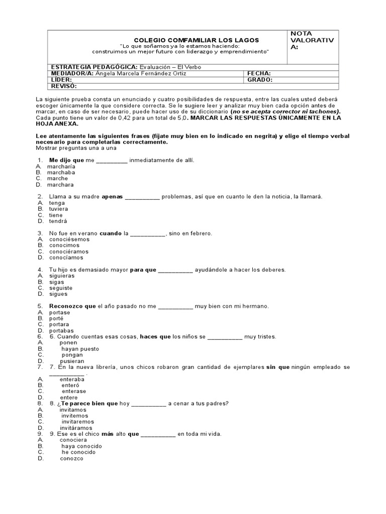 Evaluación de Tiempos Verbales en Español | PDF