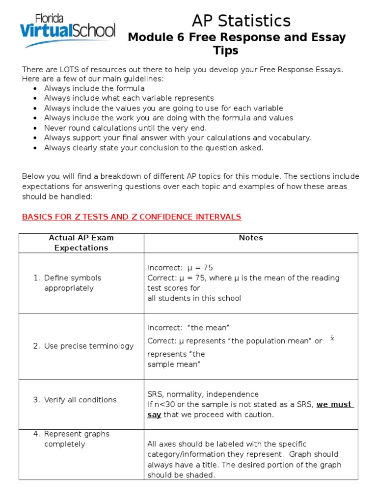 AP Statistics: Module 6 Free Response and Essay Tips | PDF ...
