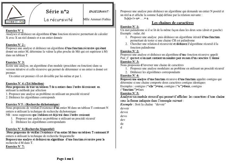 Série d'exercices N°1 - Algorithmique Série bac informatique ...