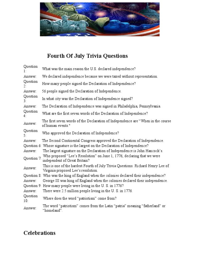 Fourth of July Trivia Questions | PDF | United States Declaration Of ...