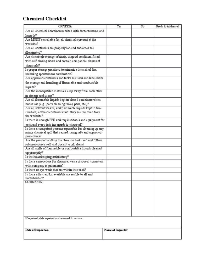 Chemical Checklist: Criteria Yes No Needs To Addressed | PDF