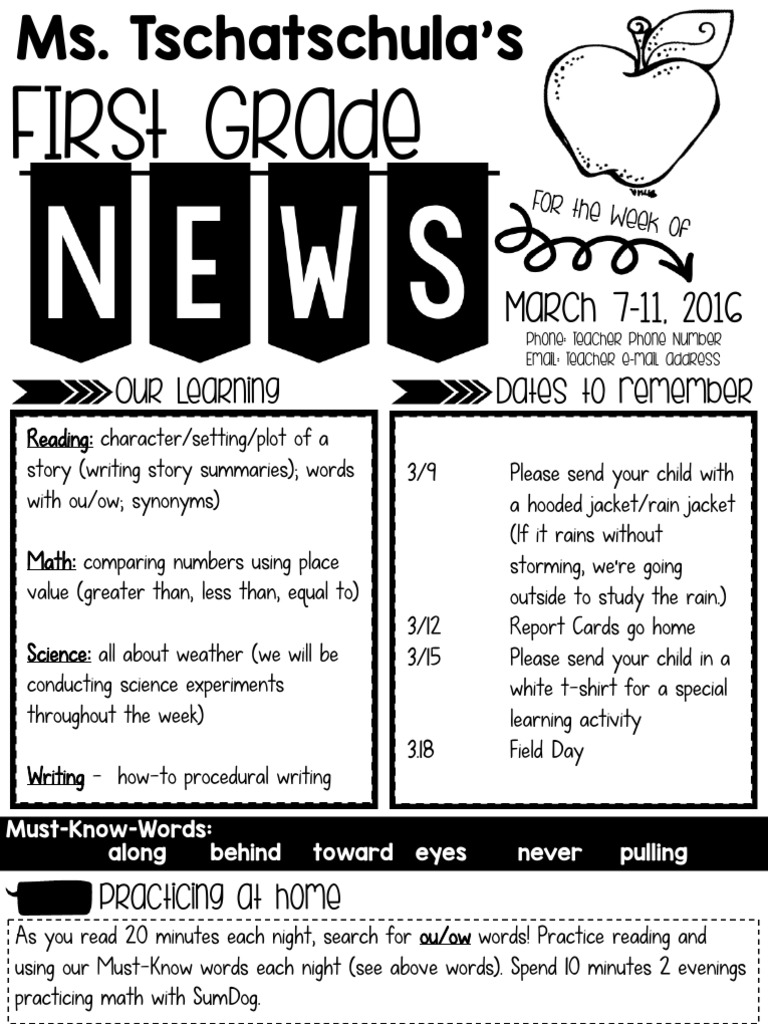 First Grade Weekly Learning Overview | PDF