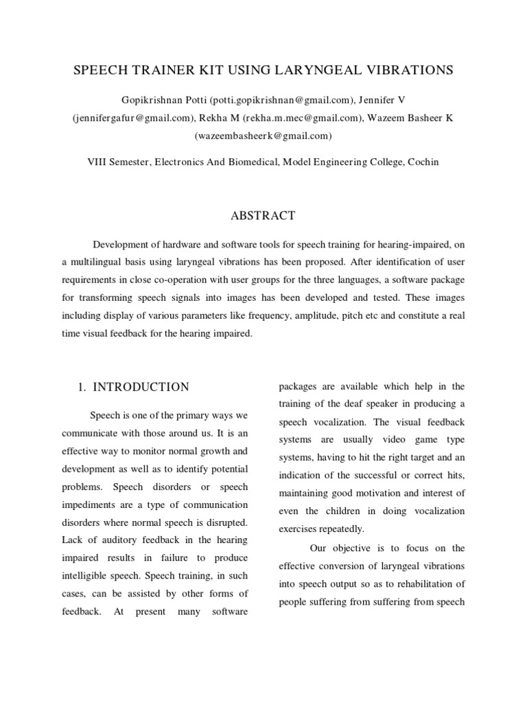 Speech Trainer Kit Using Laryngeal Vibrations | PDF | Microphone ...