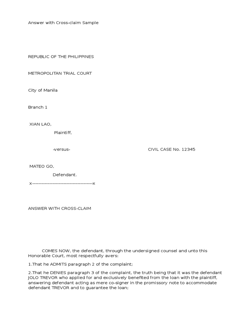 Answer With Cross | Complaint | Lawsuit