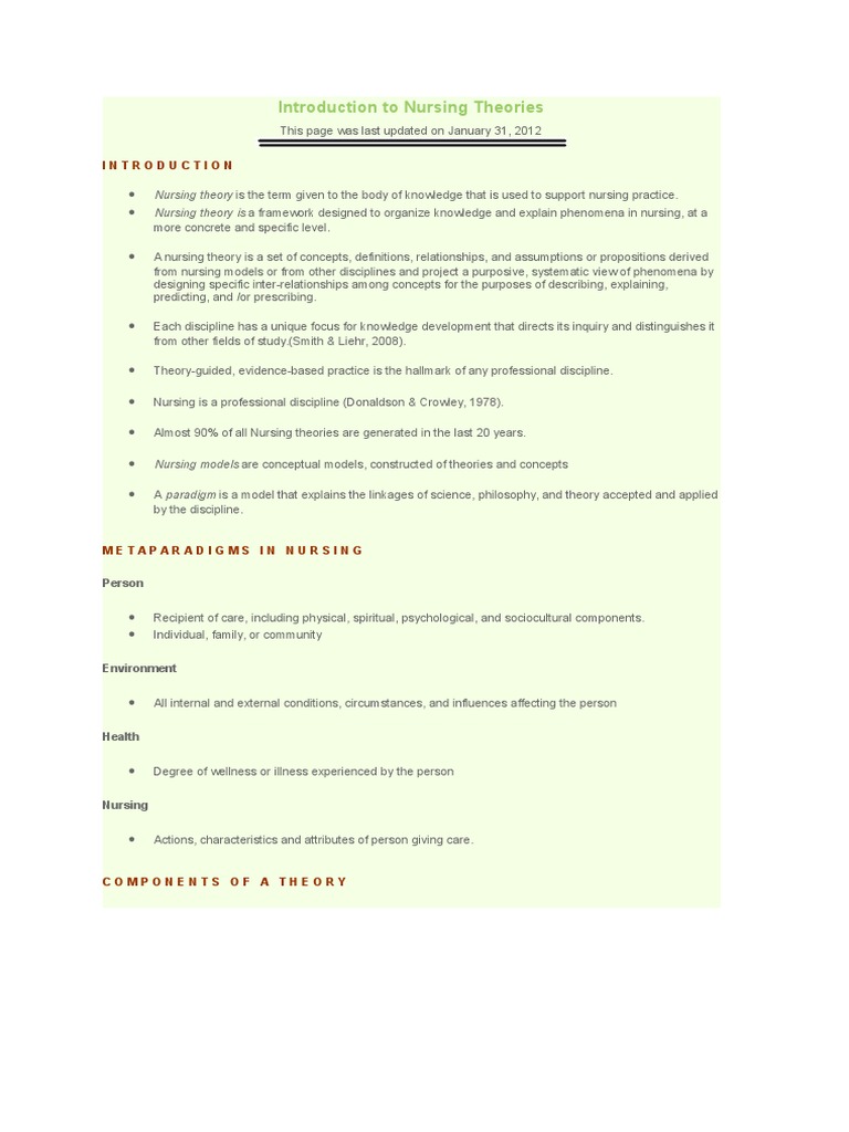 Introduction To Nursing Theories | PDF | Theory | Nursing