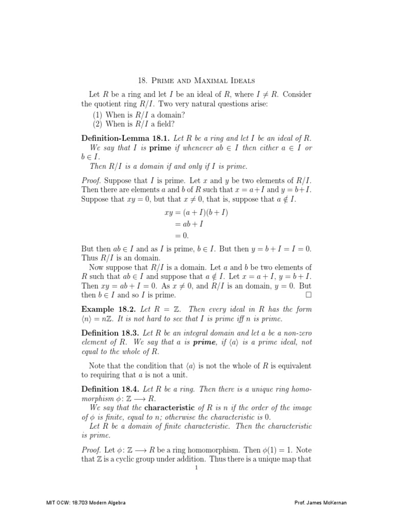 Mit Ocw: 18.703 Modern Algebra Prof. James Mckernan | PDF | Ring ...