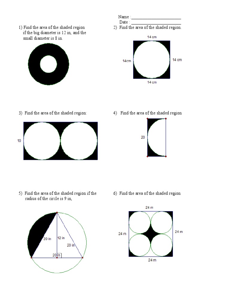 Area of Shaded Regions Worksheet | PDF | Circle | Sphere