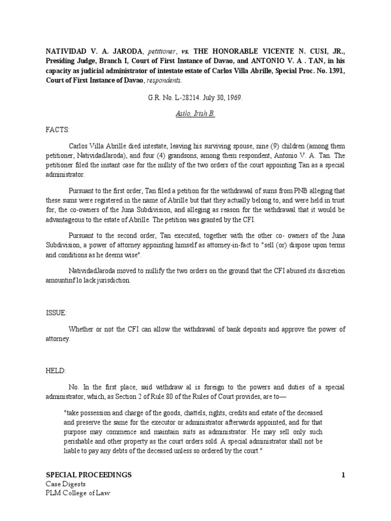 Special Proceedings Case Digests | PDF | Probate | Will And Testament