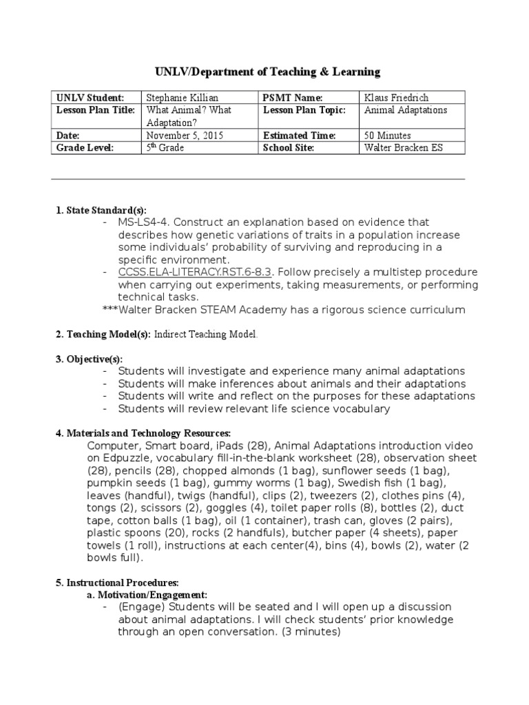 Animal Adaptations Centers Lesson Plan | Download Free PDF | Adaptation ...