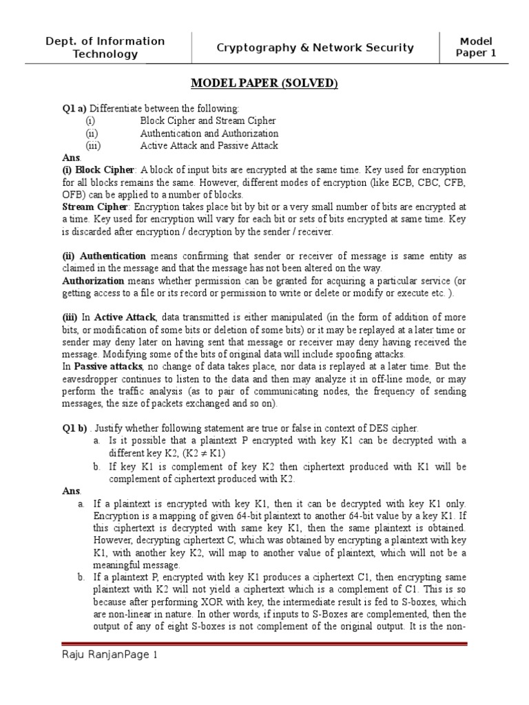 Cryptography Model Paper Solutions | PDF | Public Key Cryptography | Key (Cryptography)