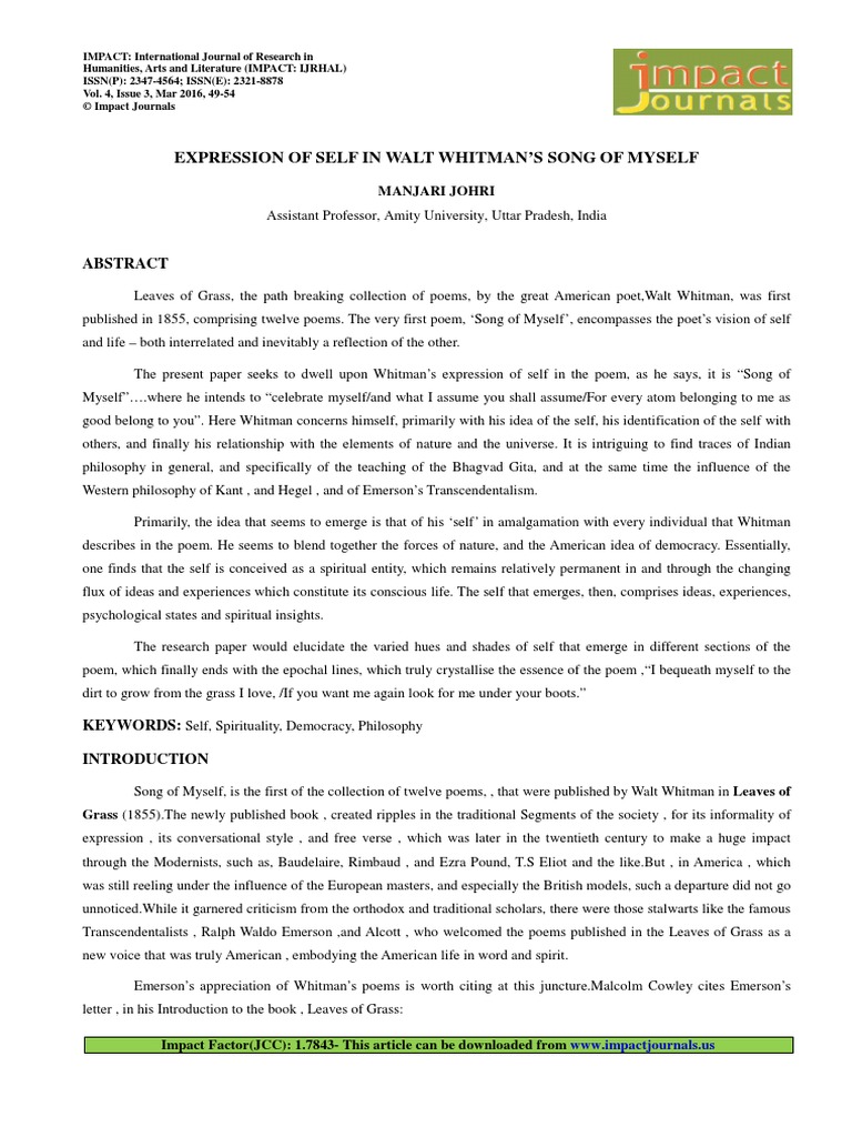 Expression of Self in Walt Whitman's Song of Myself | PDF | Leaves Of ...