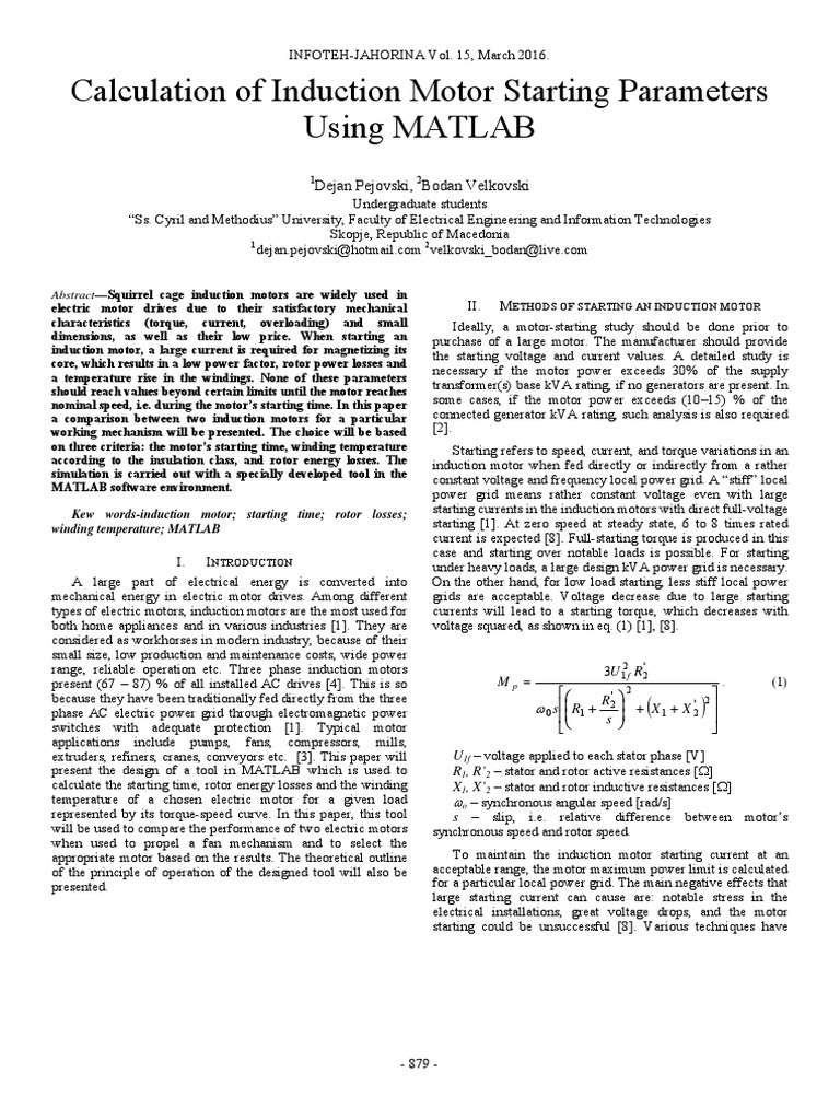 Calculation of Induction Motor Starting Parameters Using Matlab | PDF ...