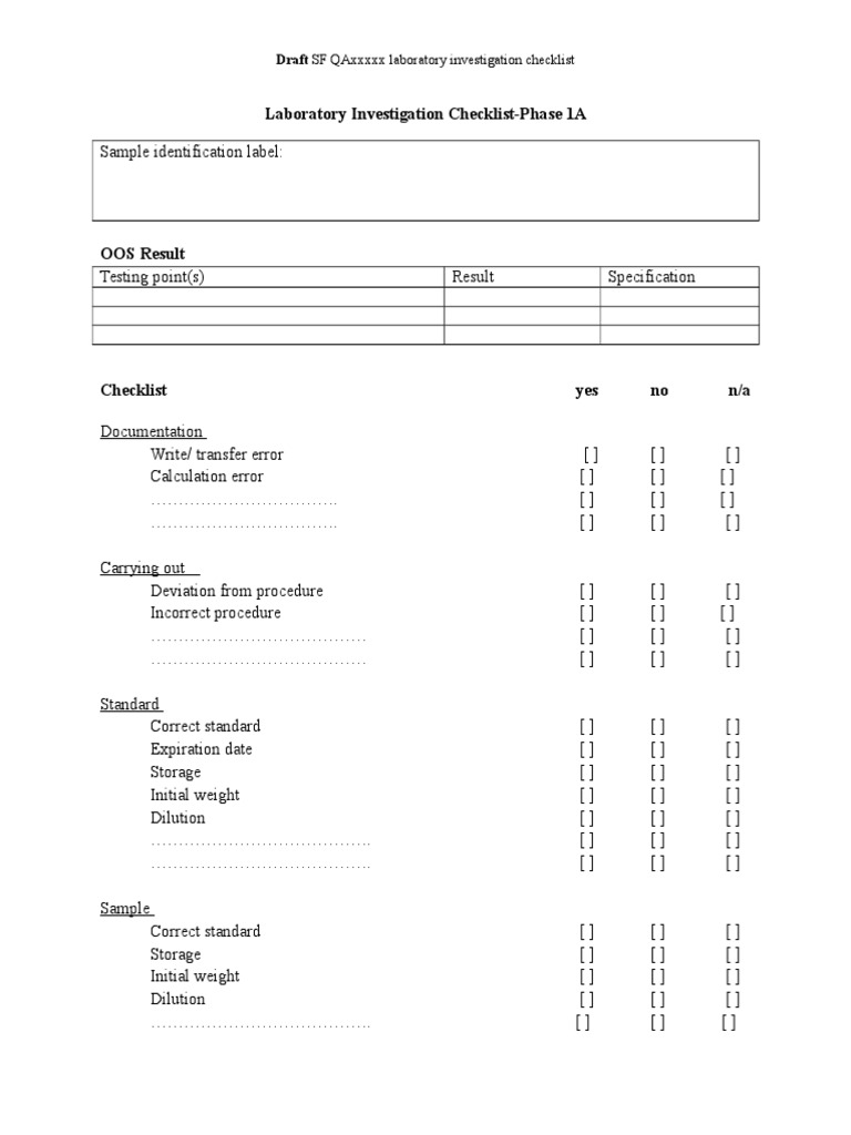 Oos Laboratory Investigation Checklist Phase 1a | PDF
