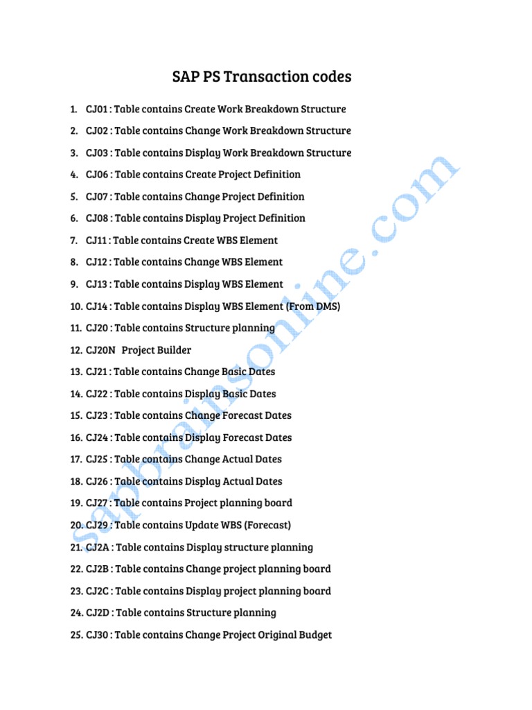 SAP PS Transaction Codes List | PDF | Teaching Mathematics | Computing And Information Technology