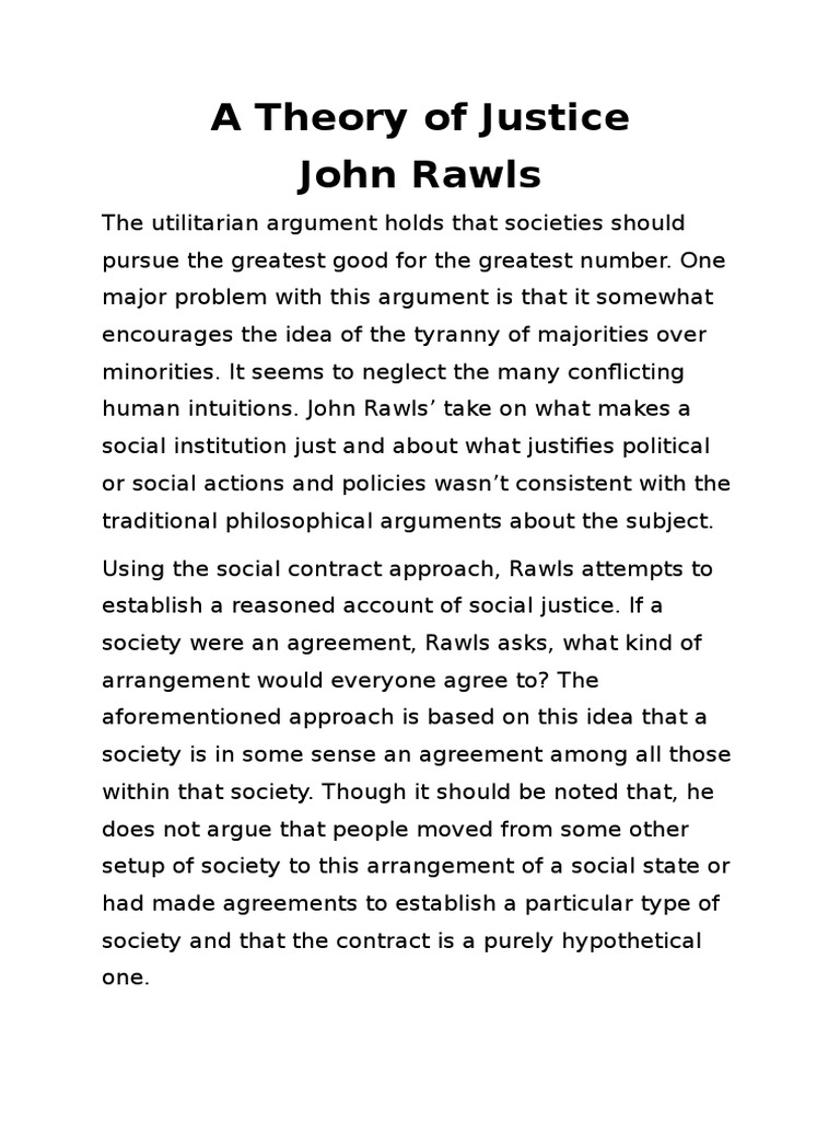John Rawls' Theory of Justice as Fairness and its Hypothetical Original ...