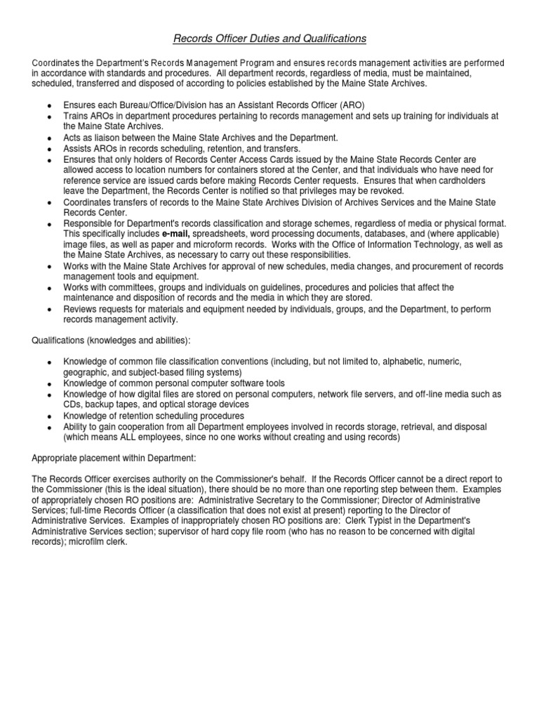Record Officer Job Description | PDF | Records Management | Computer Data