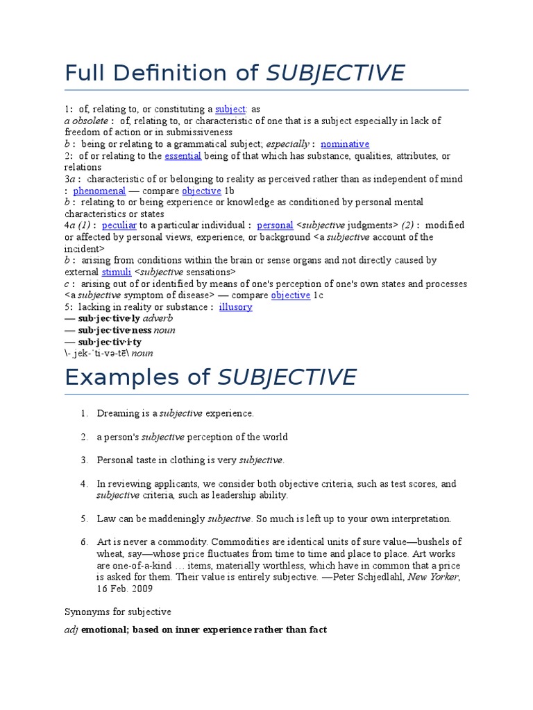 Full Definition of SUBJECTIVE | PDF | Verb | Grammatical Tense