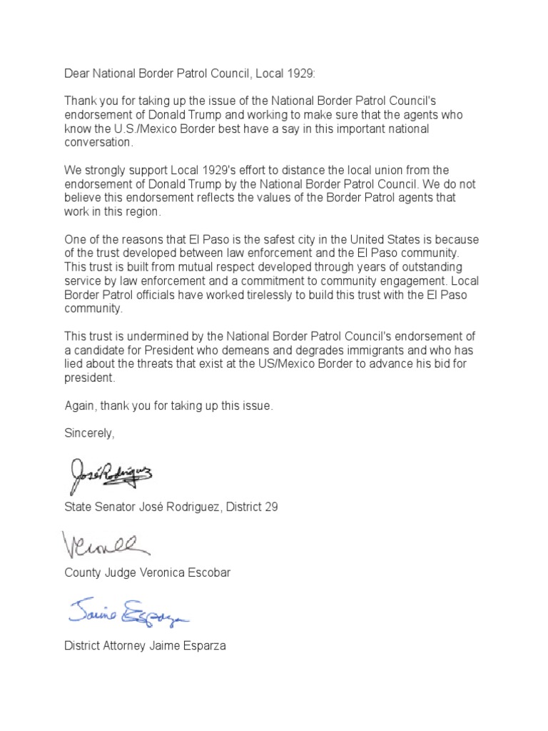 Letter To Local Border Patrol Council | PDF