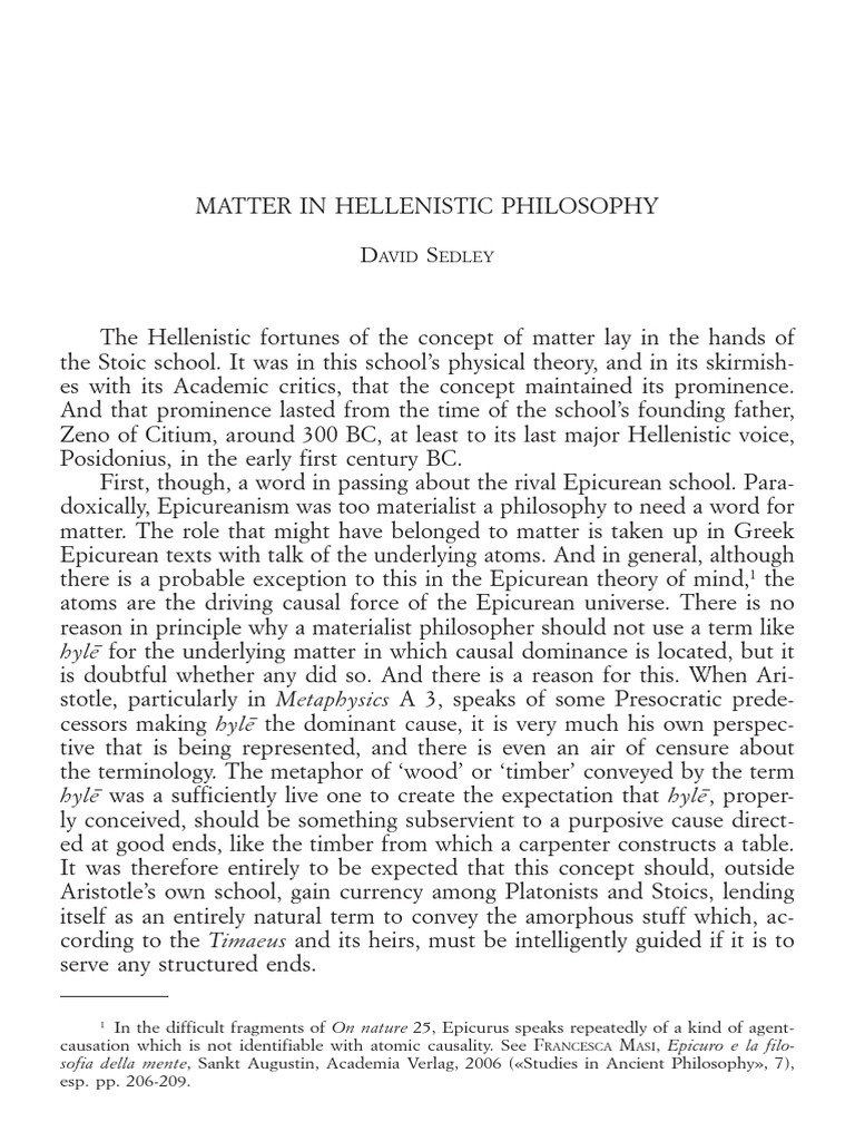 Matter in Hellenistic Philosophy - Sedley | PDF | Stoicism | Materialism