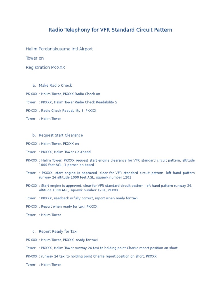 Radio Telephony For VFR Standard Circuit Pattern | PDF | Visual Flight ...