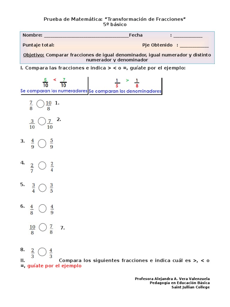 Prueba Comparación de Fracciones 5º | PDF