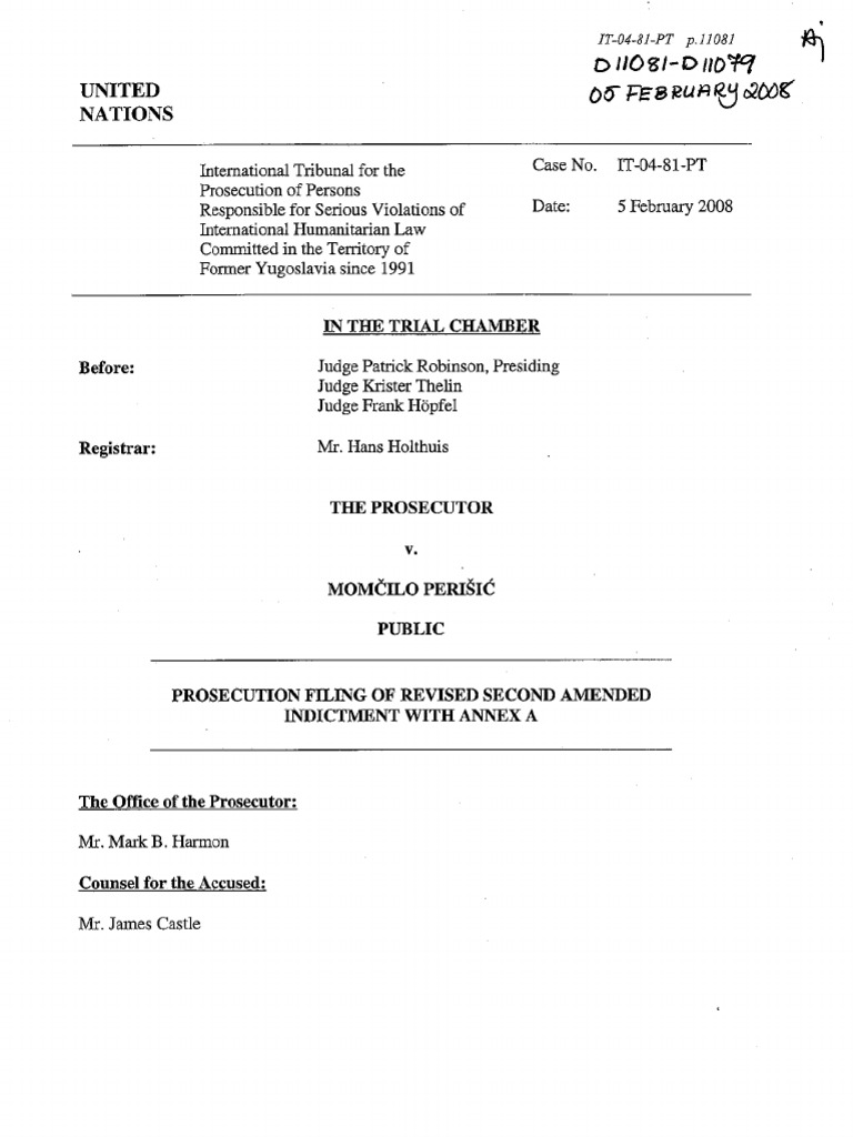 Momcilo Perisic Indictment (Serbia's Role in Srebrenica Genocide ...