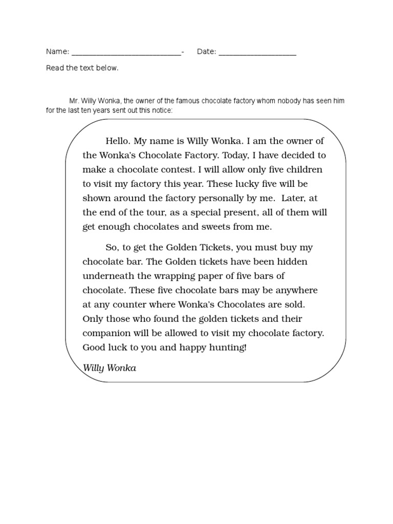 Willy Wonka's Chocolate Contest Announcement | PDF