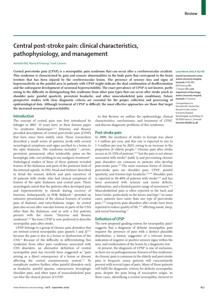 Central Post-Stroke Pain - Clinical Characteristics, Pathophysiology ...
