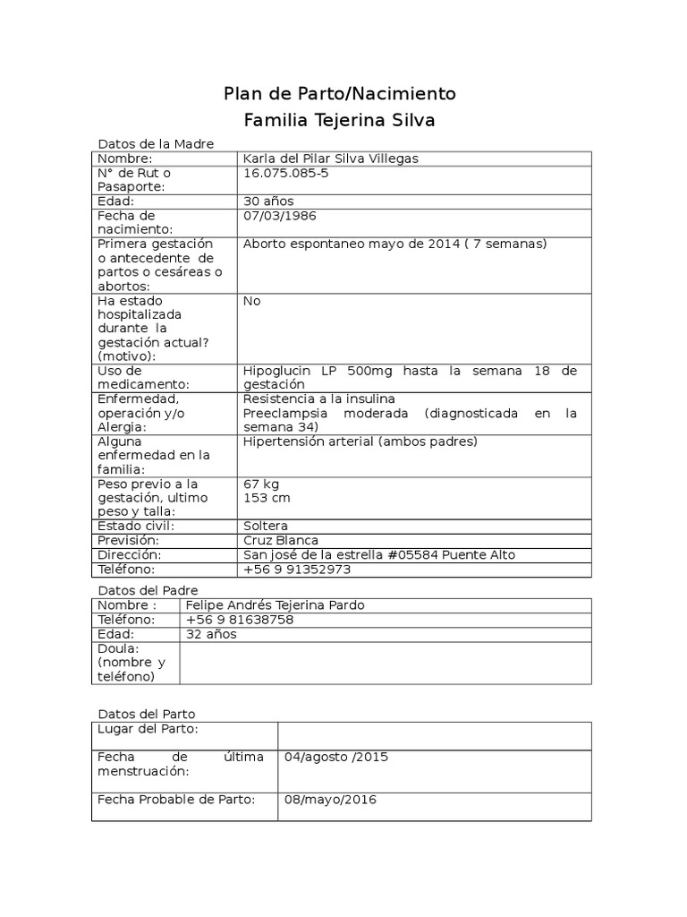 Plan de Parto Tejerina Silva | PDF | Parto | Especialidades Medicas